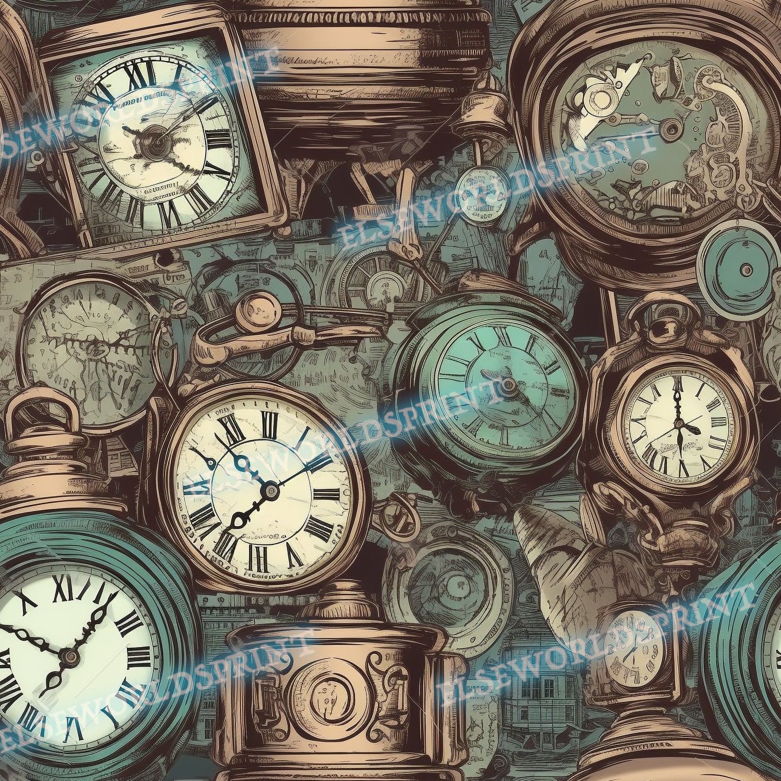 Vintage Clocks Pattern Digital Paper Download Scrapbook Steampunk Clock ...