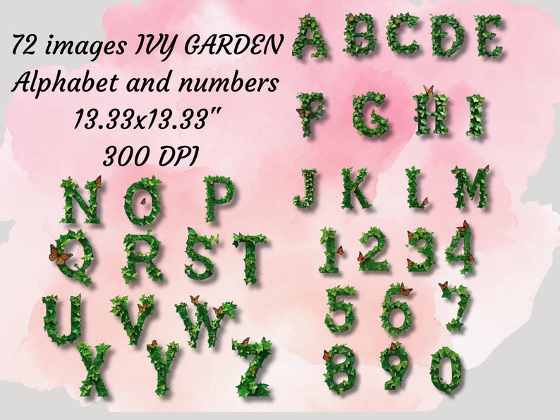 Butterfly Alphabet & Numbers: Ivy Nature Font Clipart (PNG Digital ...