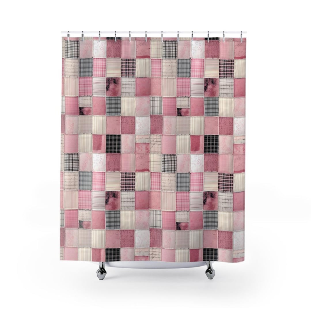 Pink Shower Curtain Set | Patchwork Bath Mat & Rustic Grandmillenial ...