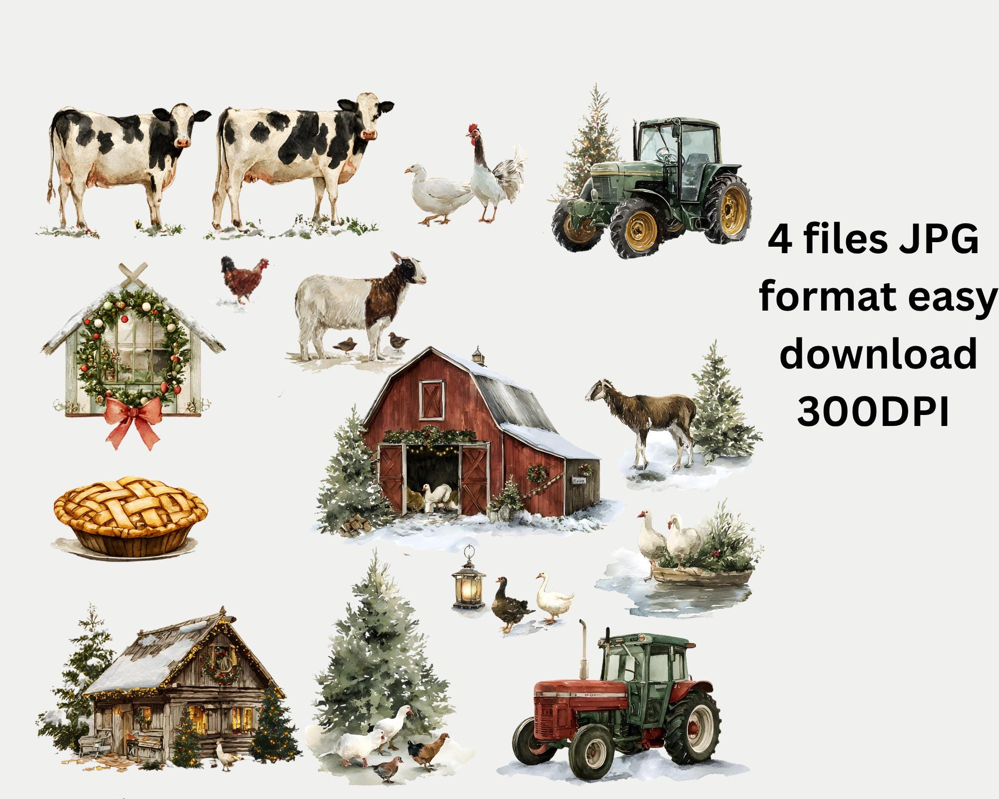 Farmhouse Christmas Clipart Bundle: Rustic Animals, Barn, Tractor ...