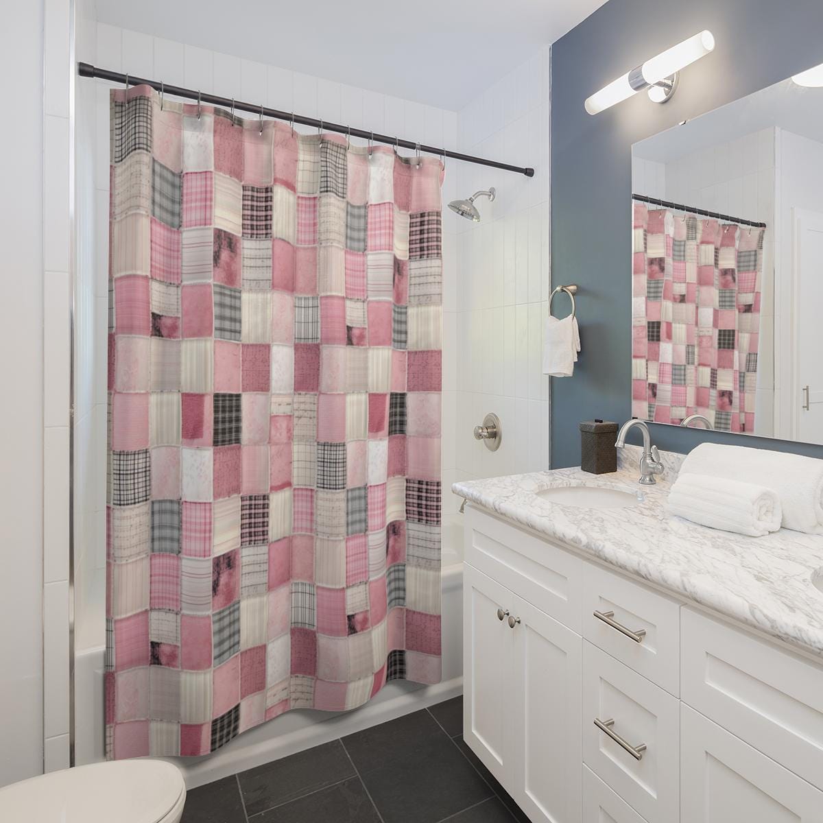 Pink Shower Curtain Set | Patchwork Bath Mat & Rustic Grandmillenial ...