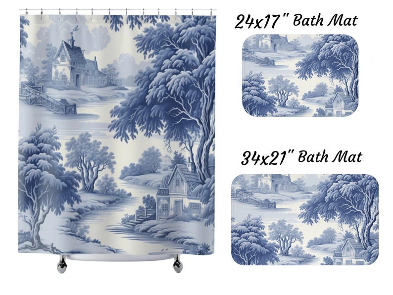 Blue Toile Shower Curtain & Rug Set: French Landscape Bath Decor - Etsy