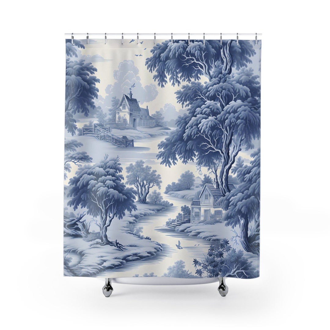 Blue Toile Shower Curtain & Rug Set | French Toile Decor, Custom ...