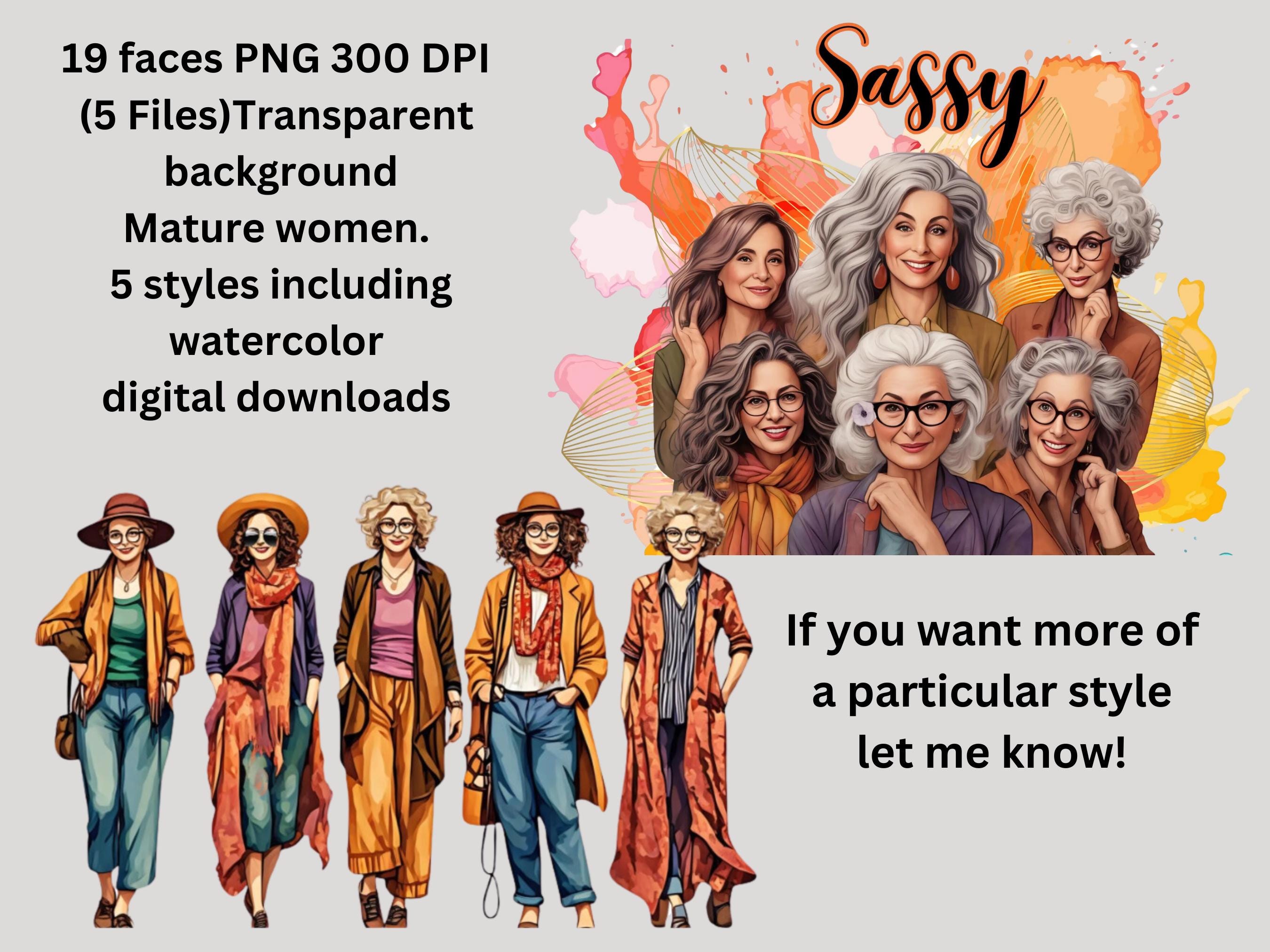 Watercolor Old Lady Clipart Bundle: Quirky Mature Women PNG Printables ...