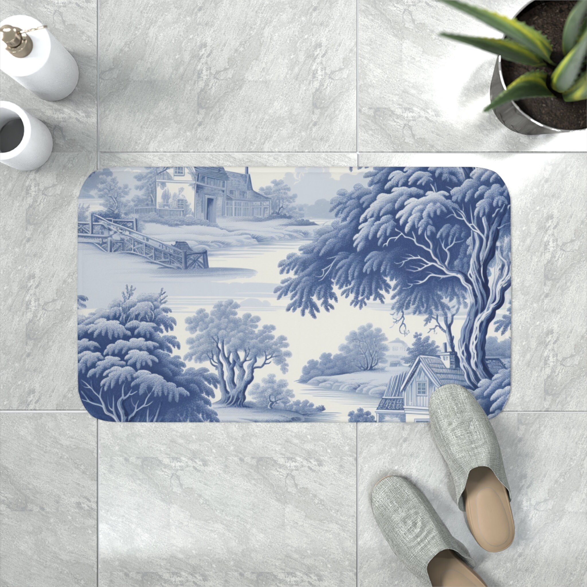 Blue Toile Shower Curtain & Rug Set: French Landscape Bath Decor - Etsy