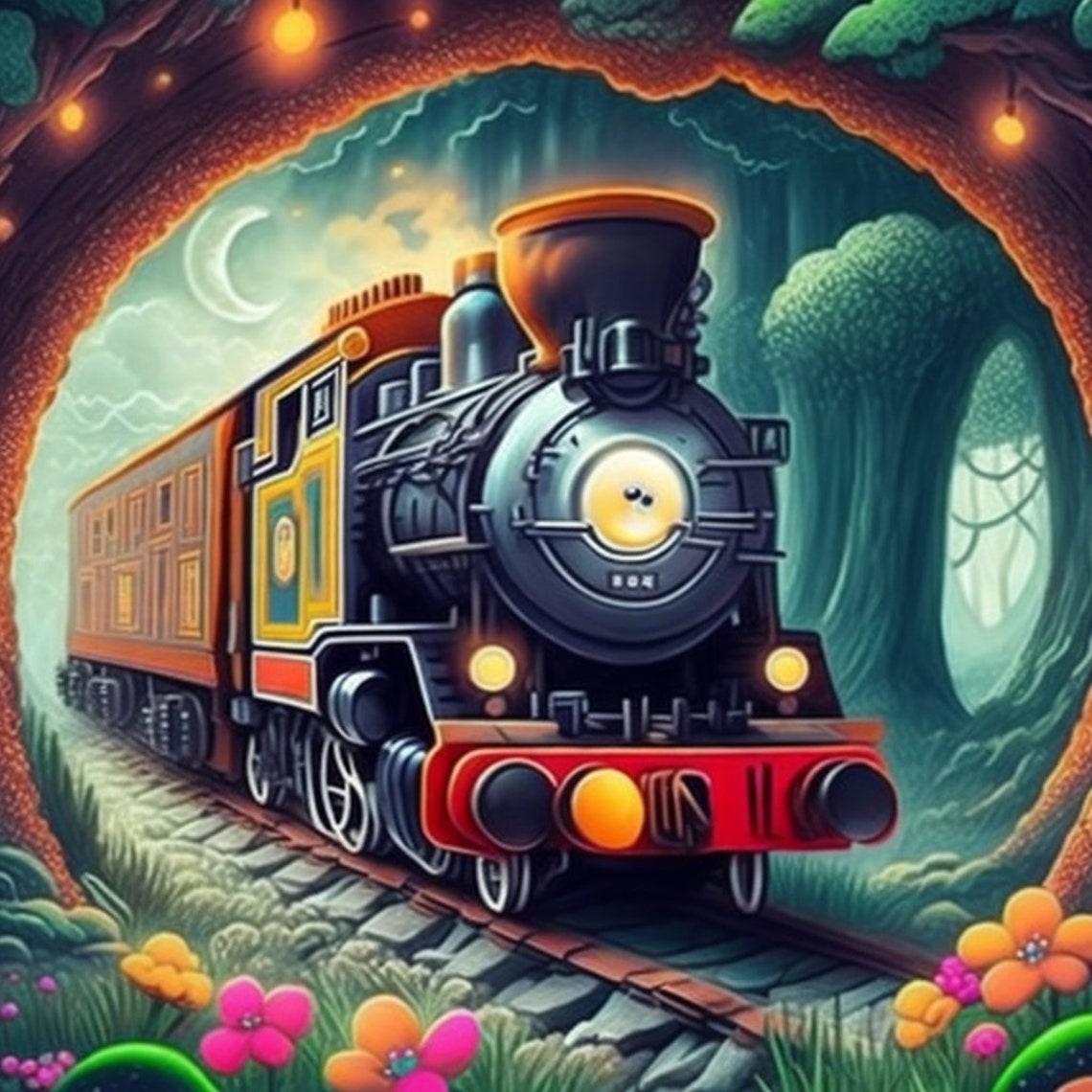 Vintage Train Art: Psychedelic Tunnel Adventure in Starlit Forest - Etsy