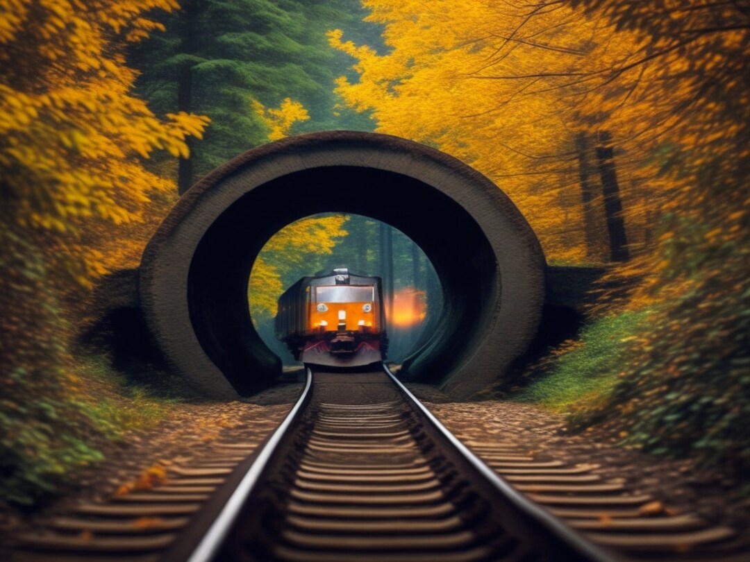 Night Sky Train Tunnel in an Autumn Leaf Forest - Etsy