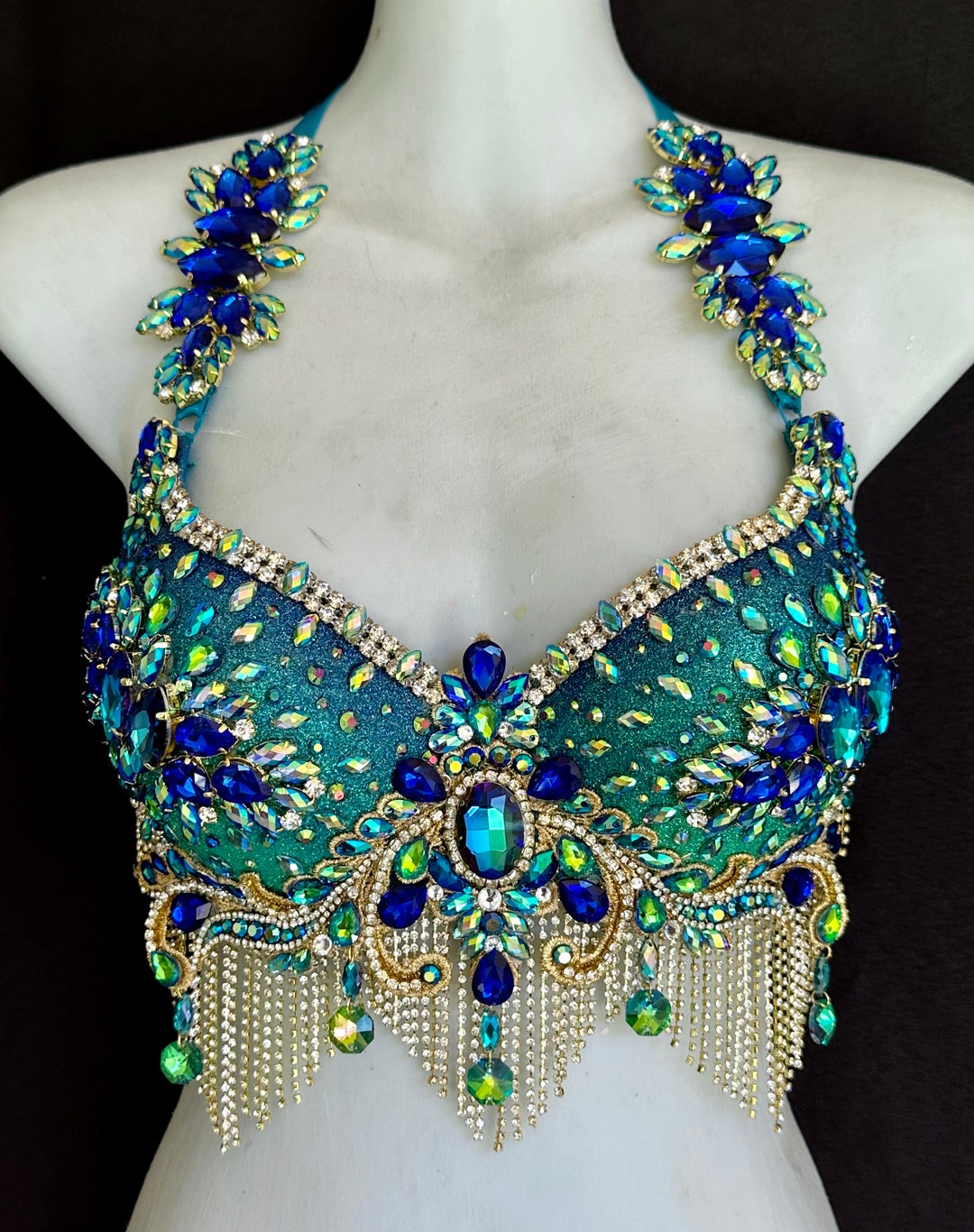Glitter Mermaid Peacock Bra Top - Aqua Blue With Gold Accents ...