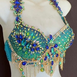 Glitter Mermaid Peacock Bra Top - Aqua Blue With Gold Accents ...