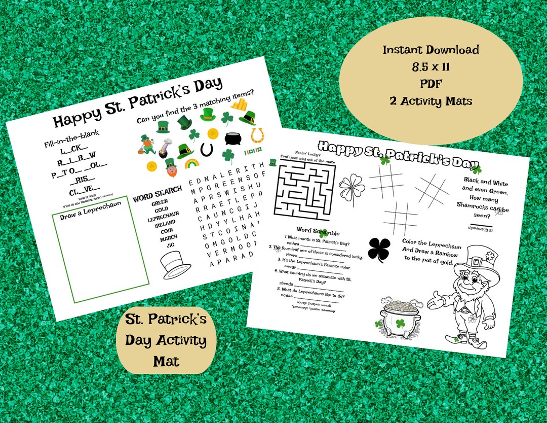 St. Patrick's Day Activity Mat for Kids, St. Patrick's Day Placemat for ...