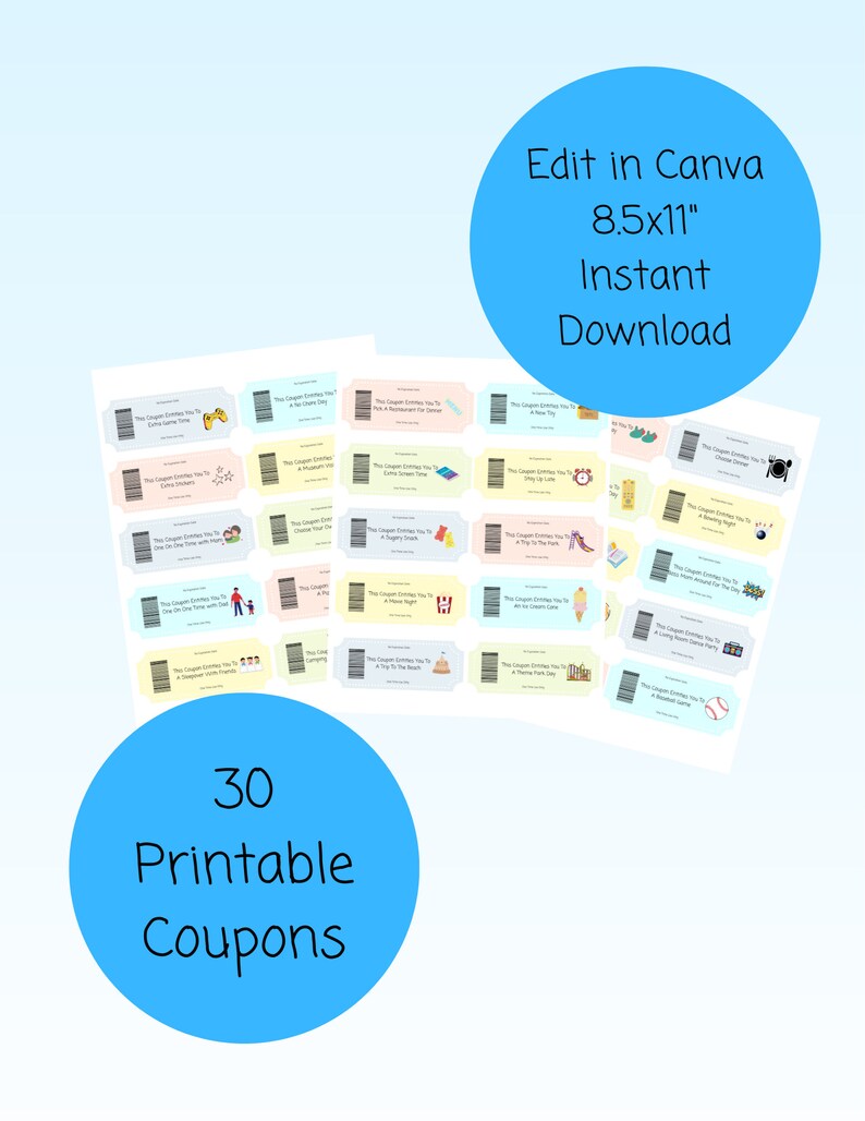 Homemade Kids Reward Coupons, Fun Activity Vouchers, 30 Editable ...