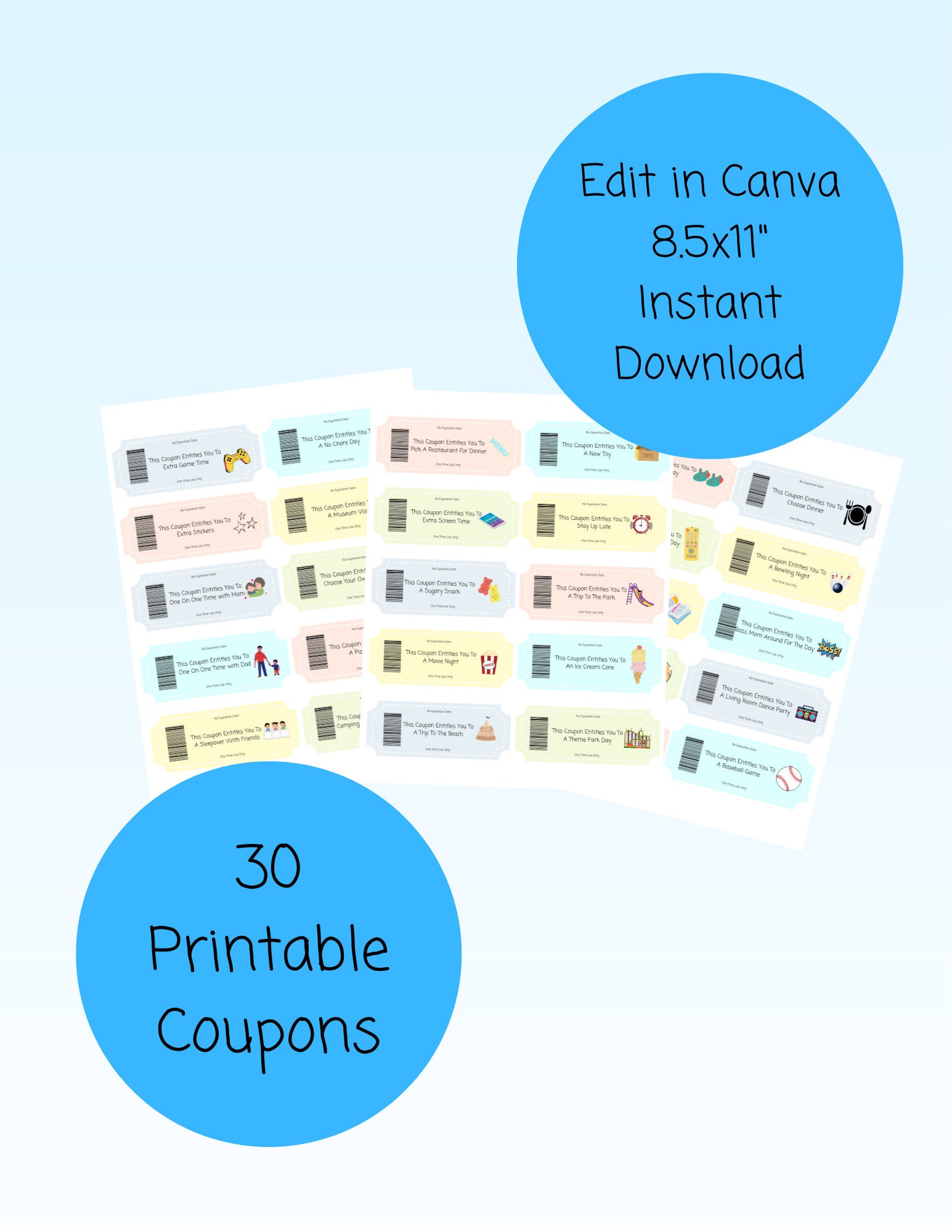 Homemade Kids Reward Coupons, Fun Activity Vouchers, 30 Editable ...