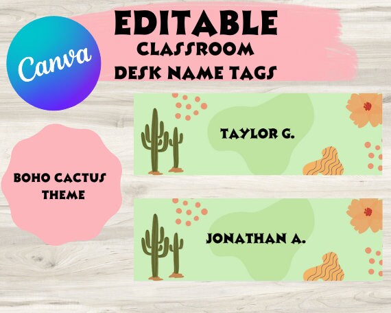 EDITABLE BOHO Cactus Theme Desk Name Tags | Desk Tag | Name Tag ...