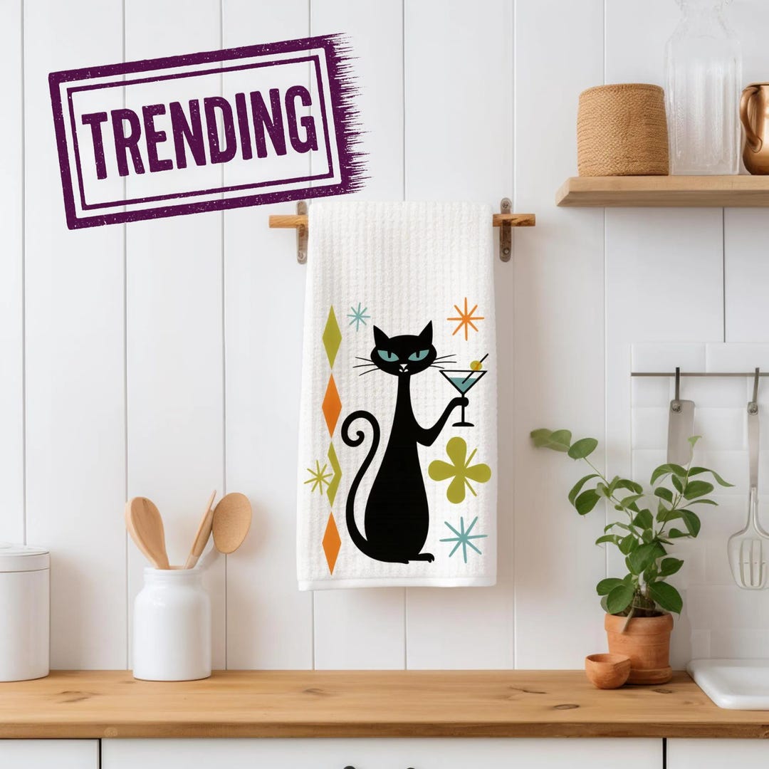 Miss Atomic Whiskers Retro Cat Café Kitchen Towel – Vintage Midcentury ...