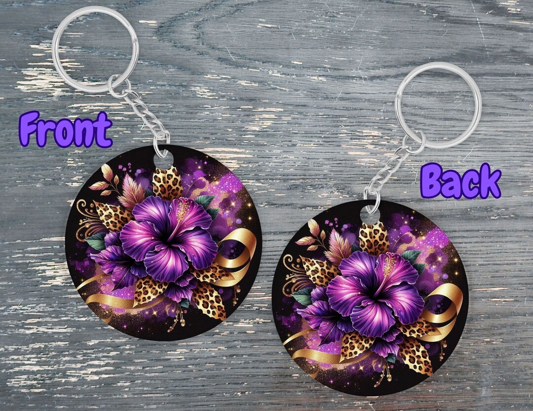 Purple Flower Leopard Print Keychain: 2" Round MDF Laminate - Etsy