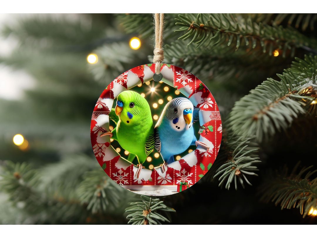 Christmas Parakeets Ornament - Colorful Budgies Holiday Tree Decoration ...