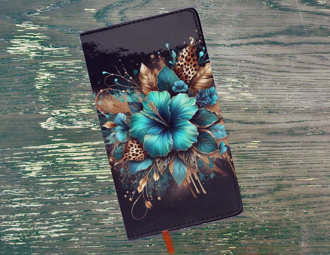 Teal Flower, Leopard Print, and Gold Accents Design 4x7" PU Leather ...