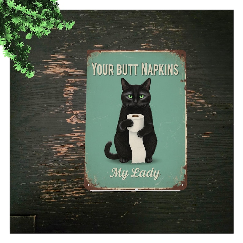 Funny Bathroom Cat Sign – “your Butt Napkins, My Lady” Aluminum Wall ...