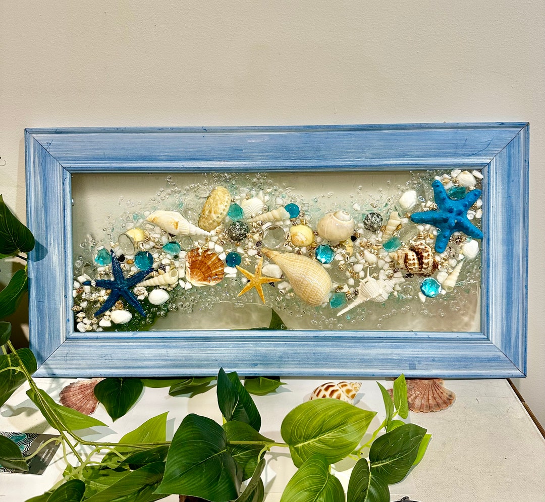 Teal Seashell Beach Resin Window/turquoise Seashell Wall Art/resin Art ...