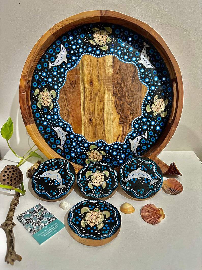 Aboriginal Art Round Serving Tray With Matching Coasters - Etsy Australia
