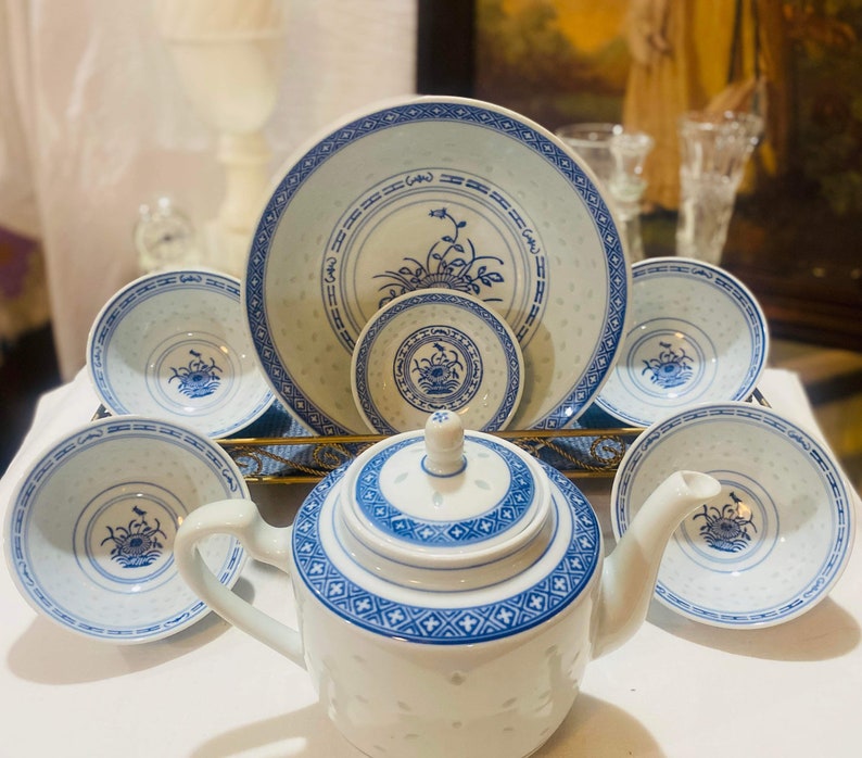 Blue and White Vintage Chinese Tea Set - Etsy