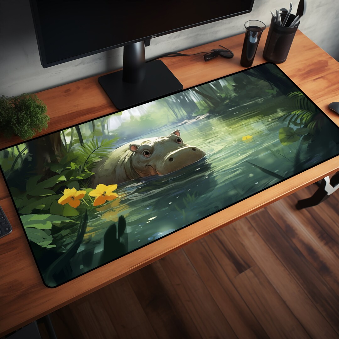 Hippopotamus Deskmat Colorful Green Nature Mouse Pad for Office Decor ...
