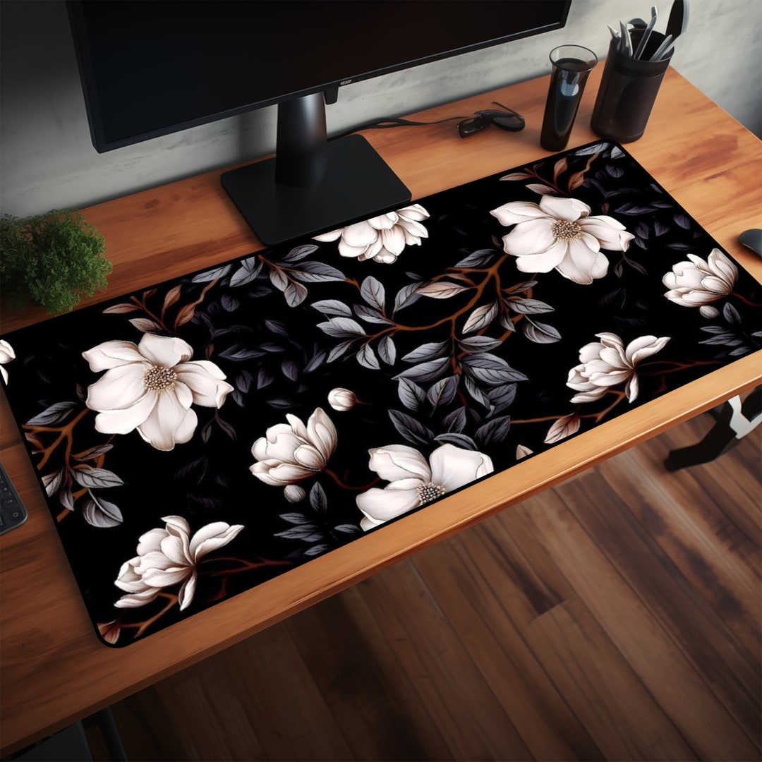 White Flowers Desk Mat, Gray Desk Mat With Floral Design, Flower Lover ...