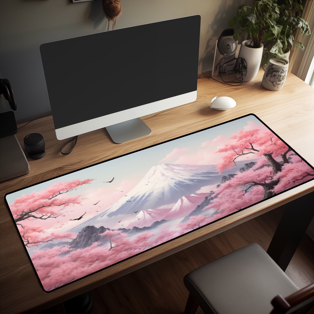 Soft Pink Japanese Mountain Desk Mat, Pink Japanese World Mousepad ...