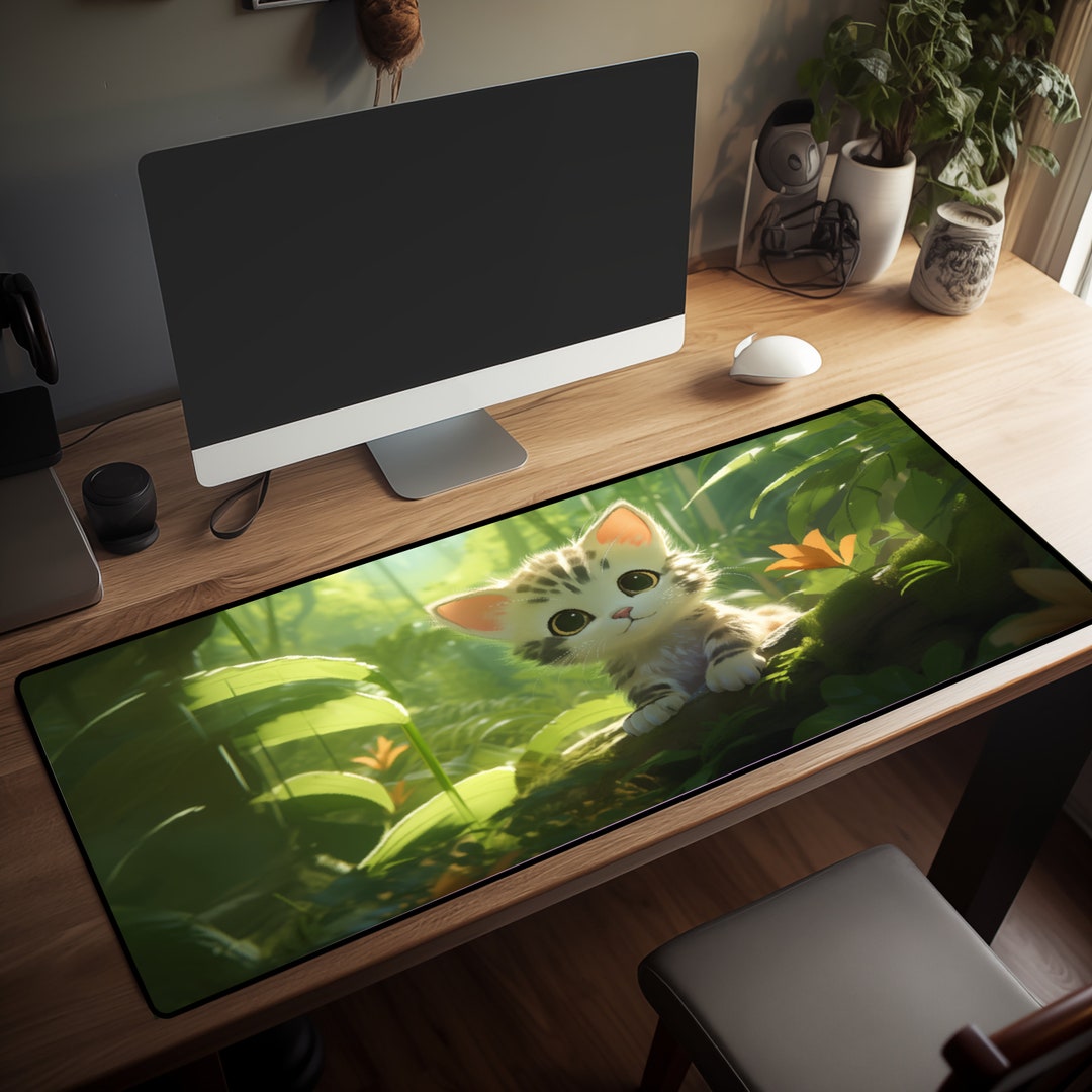 White Baby Cat Desk Mat, Green World Desk Mat, Green Nature Mouse Pad ...