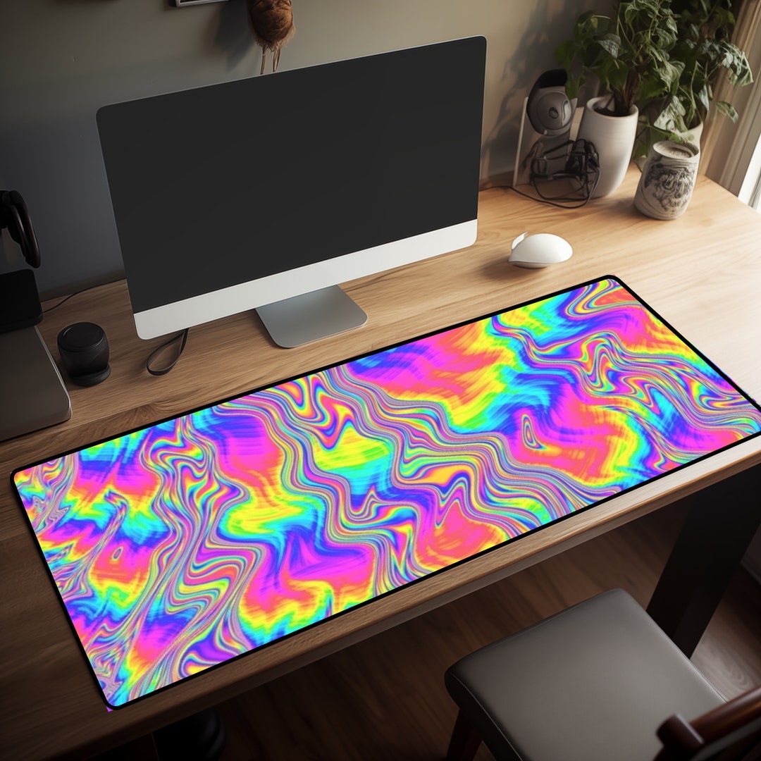 Vibrant Colorful Waves Desk Mat, Vibrant Desk Mat, Psychedelic Colorful ...