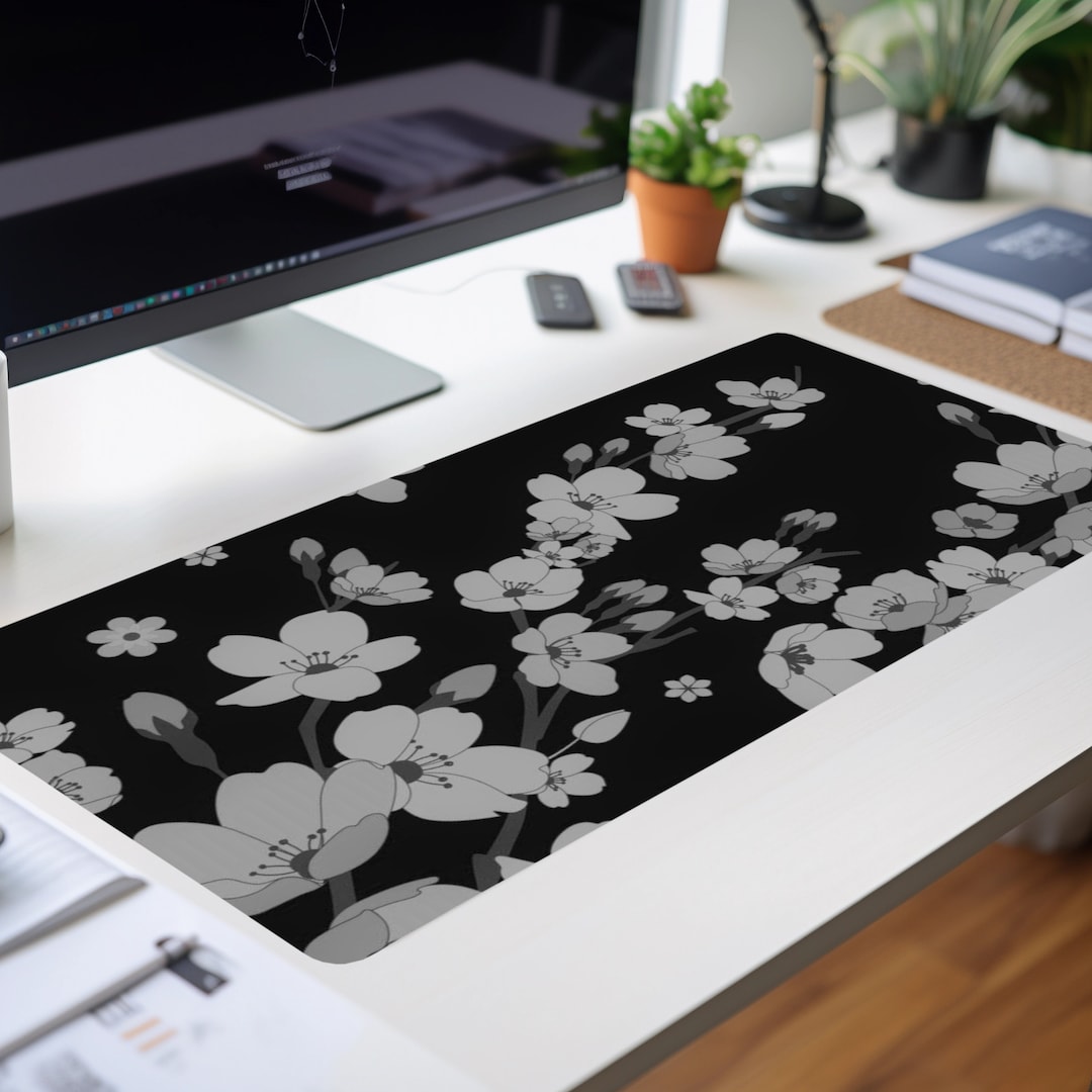 White Flores Desk Mat, Black and White Desk Mat, Flower Lover Mouse Pad ...