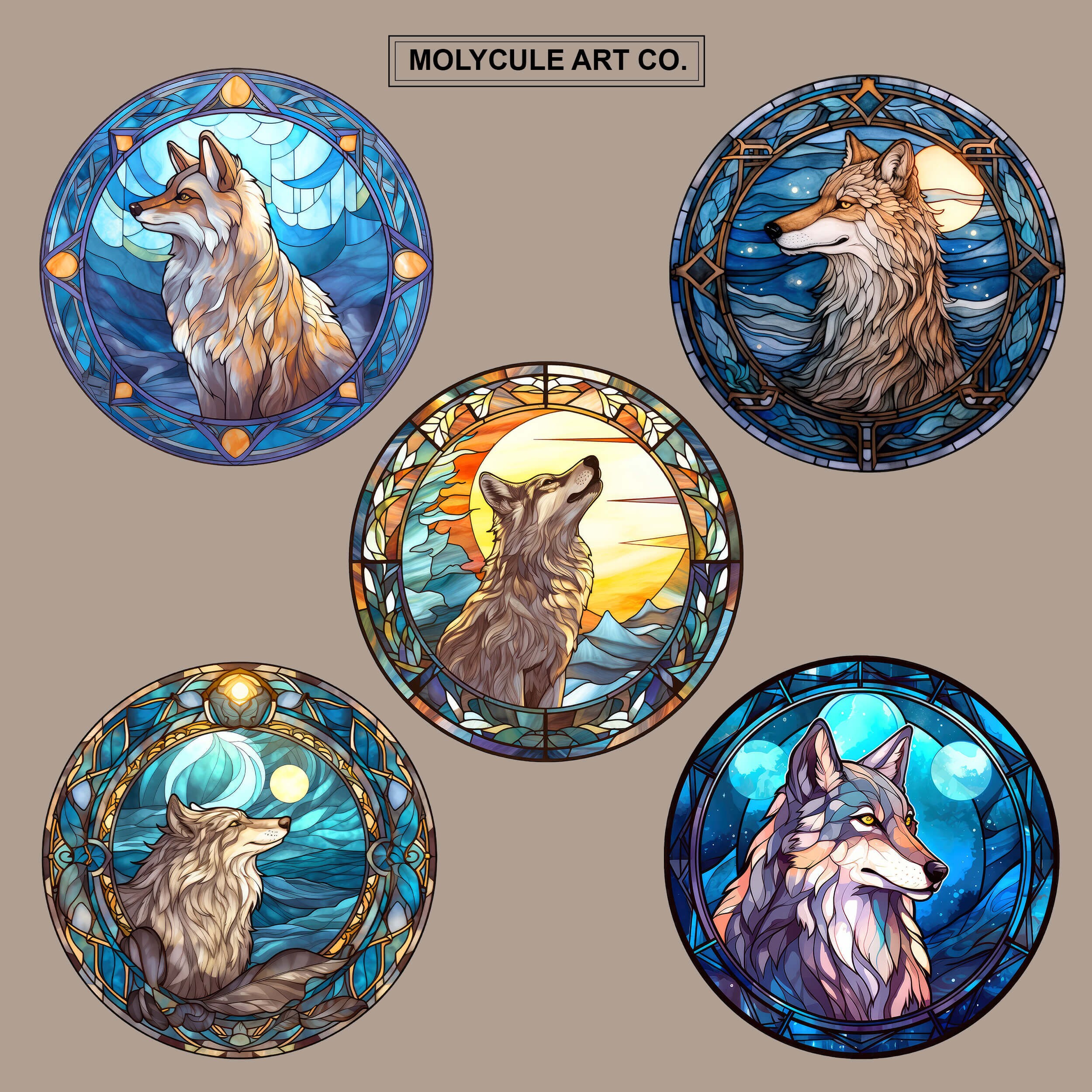 25 Stained Glass Wolf Under the Moon, Digital Downloads, Wolf Clipart ...