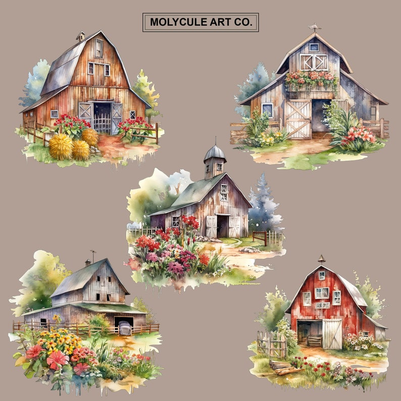 27 Farm Barn Watercolor Clipart, Farmhouse Clipart, Barn Bundle PNG ...