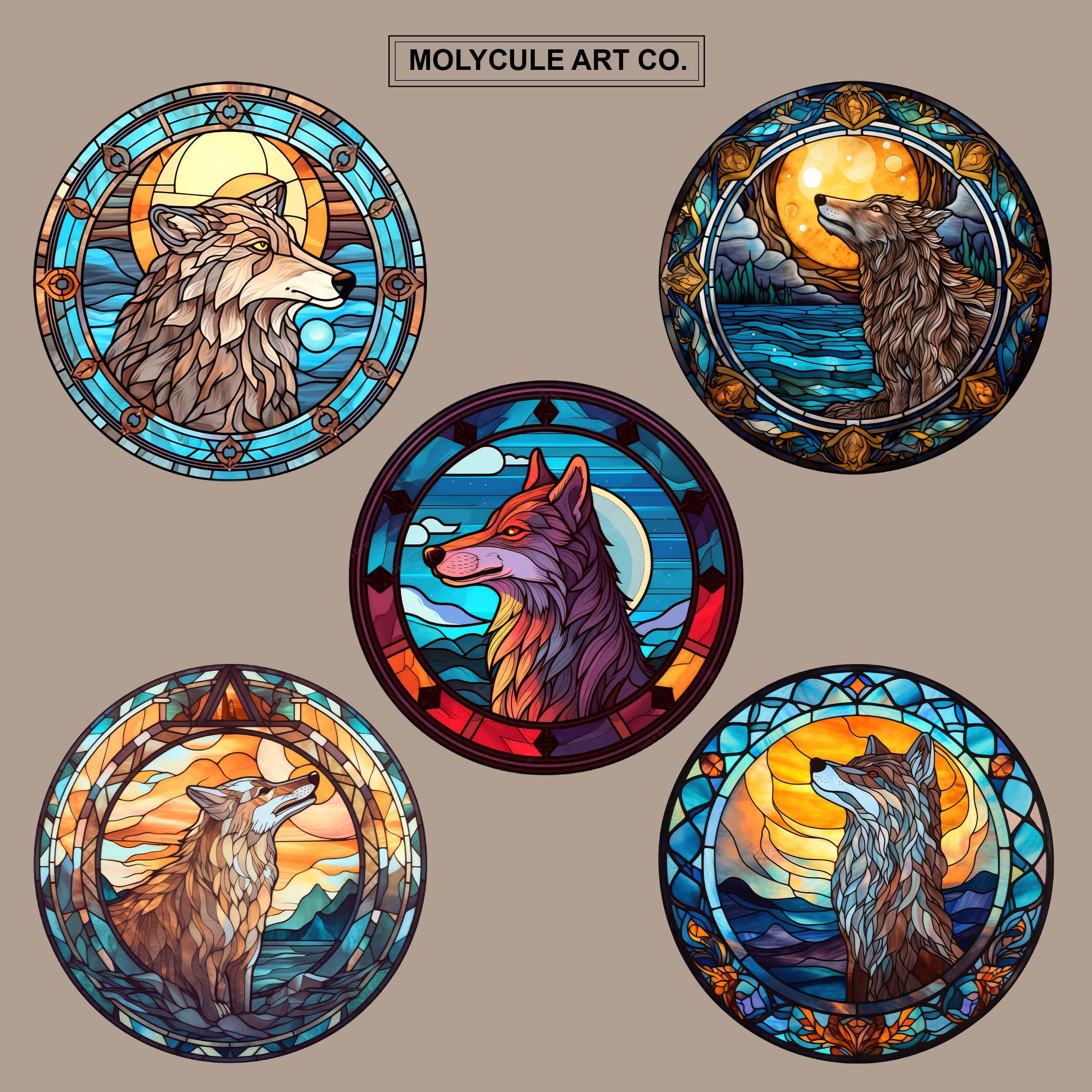 25 Stained Glass Wolf Under the Moon, Digital Downloads, Wolf Clipart ...