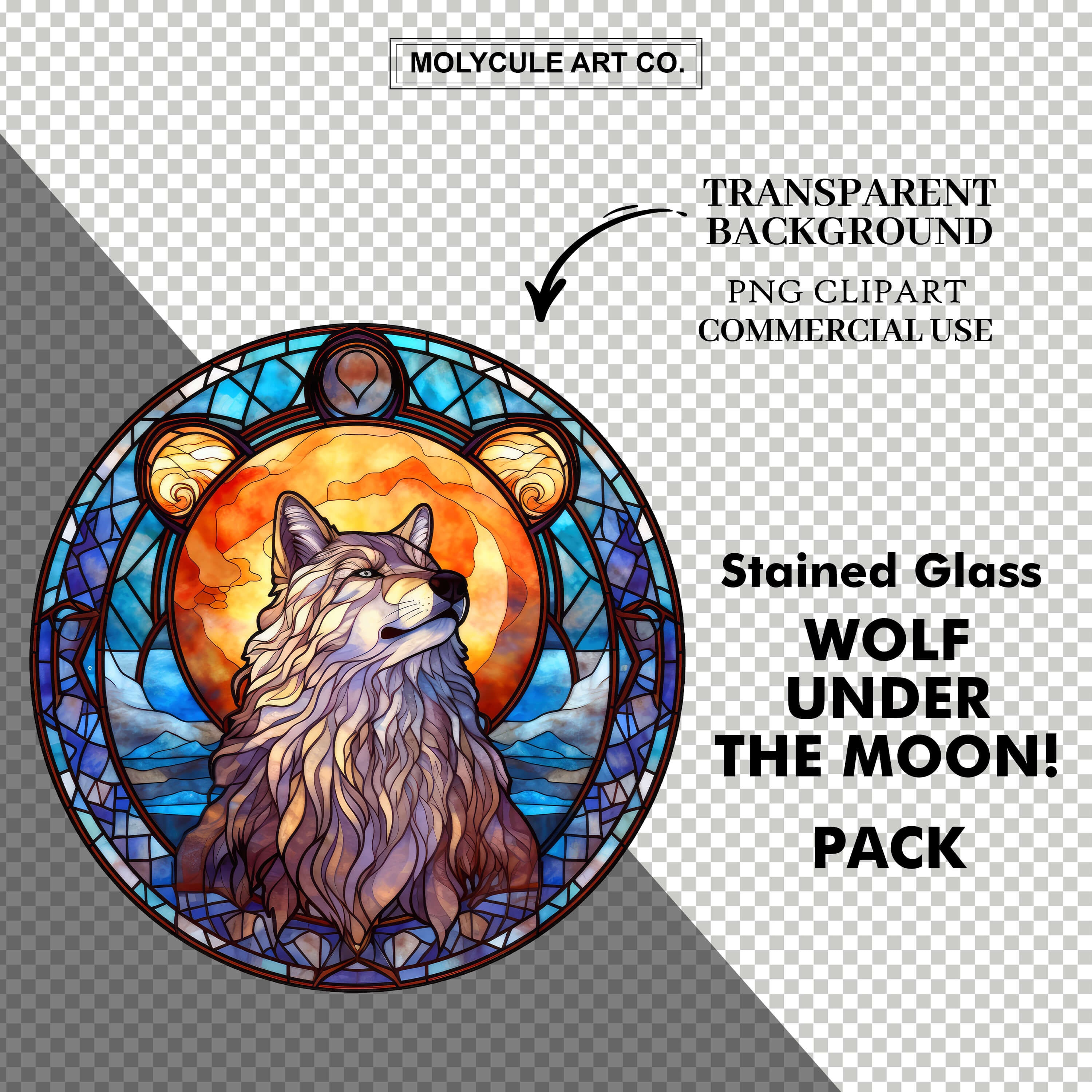 25 Stained Glass Wolf Under the Moon, Digital Downloads, Wolf Clipart ...