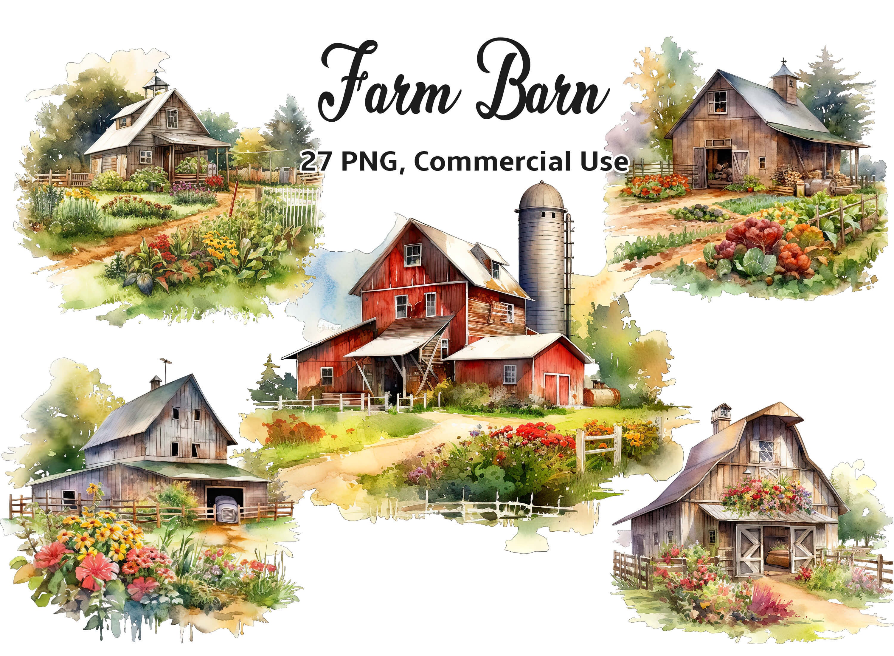 27 Farm Barn Watercolor Clipart, Farmhouse Clipart, Barn Bundle PNG ...