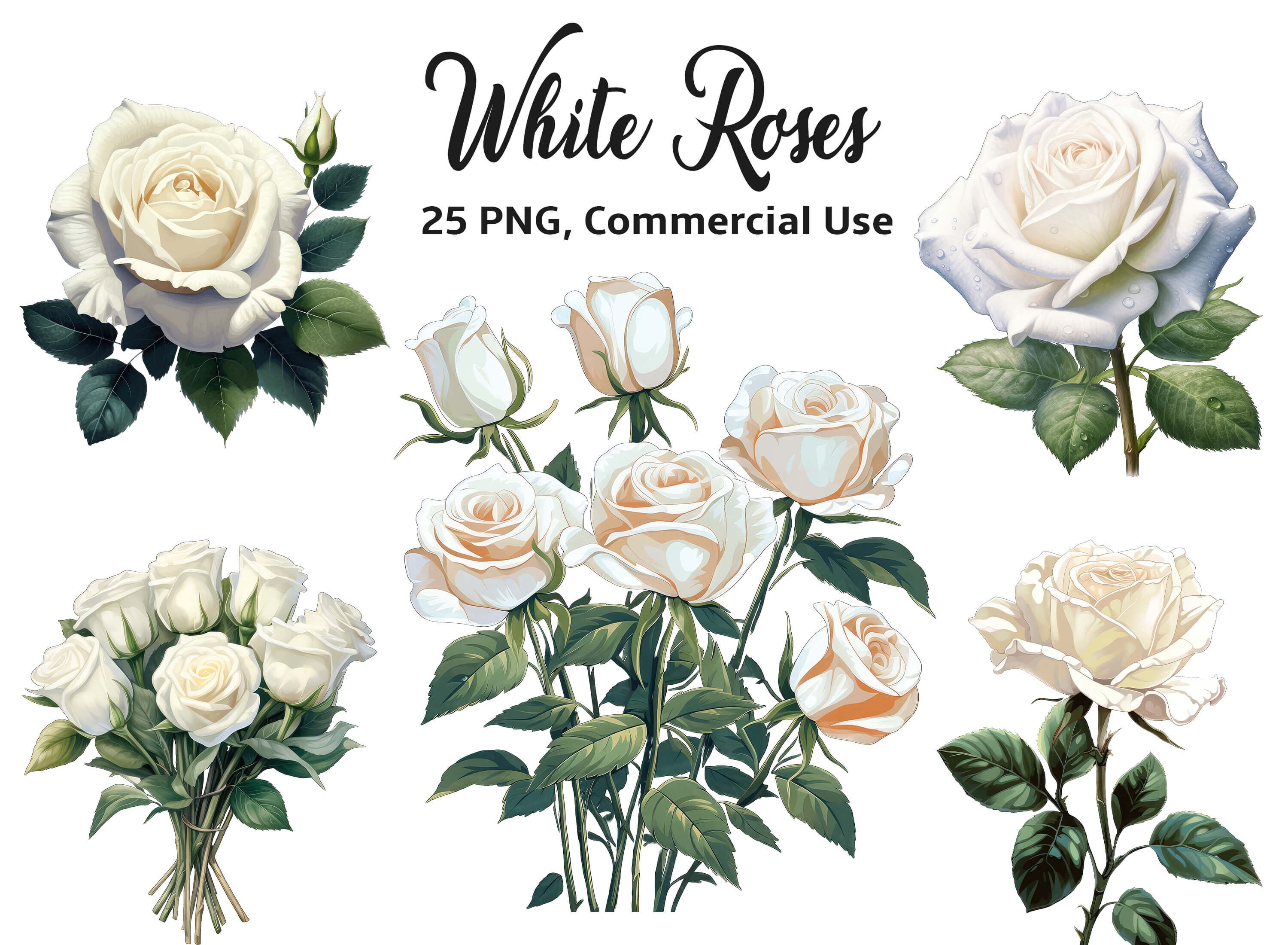 25 White Roses Watercolor Clipart White Flowers PNG Bundle Clipart ...