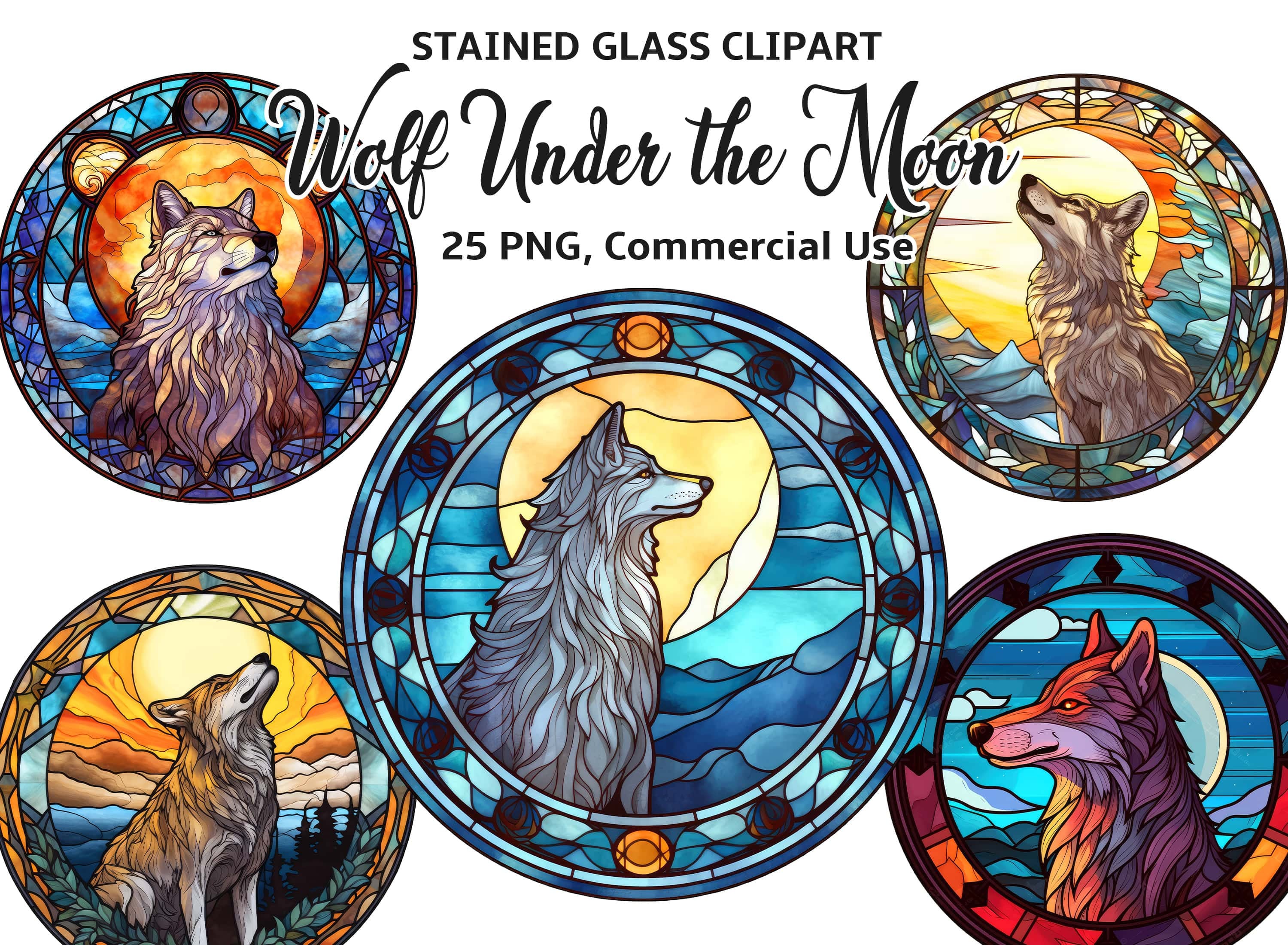 25 Stained Glass Wolf Under the Moon, Digital Downloads, Wolf Clipart ...