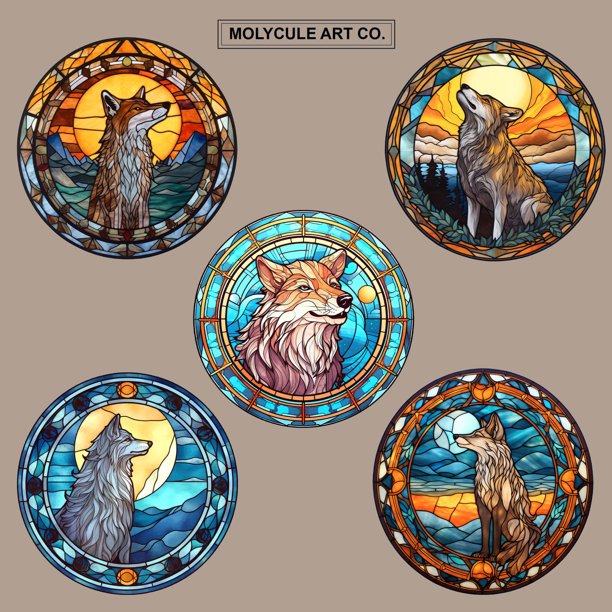 25 Stained Glass Wolf Under the Moon, Digital Downloads, Wolf Clipart ...