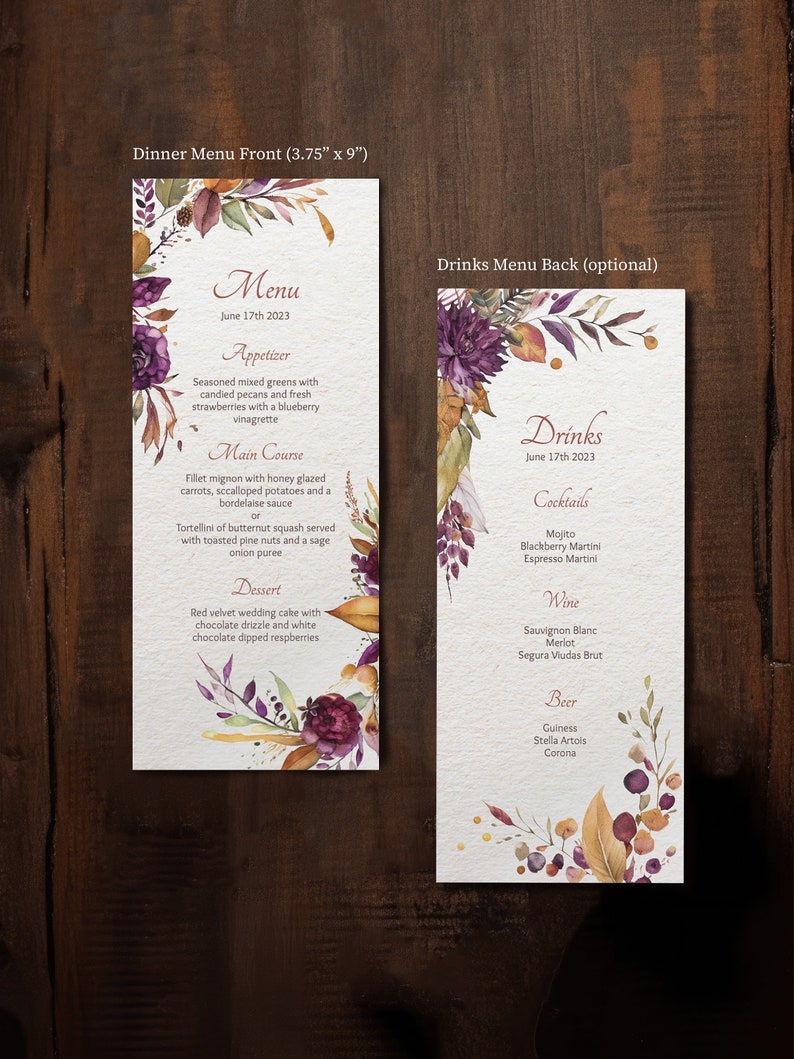 AUTUMN AURORA Dinner & Drinks Menu Fall Wedding Template - Etsy