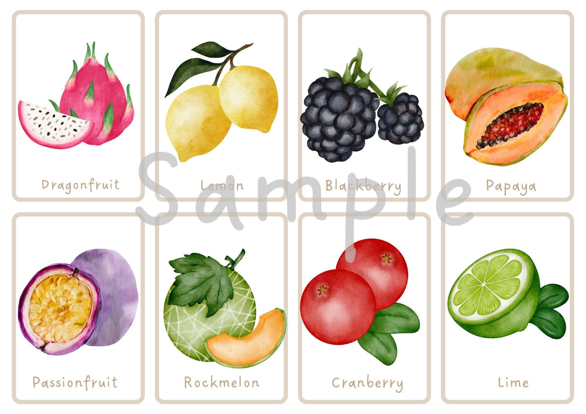 Printable Watercolour Fruits Flashcards, Classroom Decor, Toddlers ...