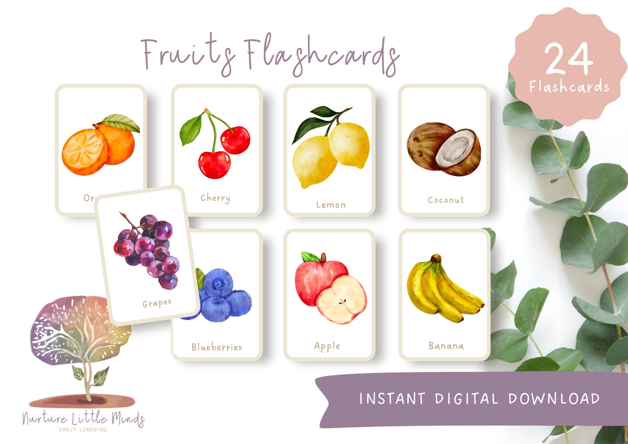 Printable Watercolour Fruits Flashcards, Classroom Decor, Toddlers ...