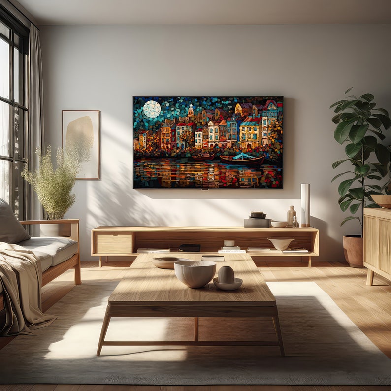 Samsung Frame TV Art, Twilight Cityscape, Night Canal Art, Papercut ...