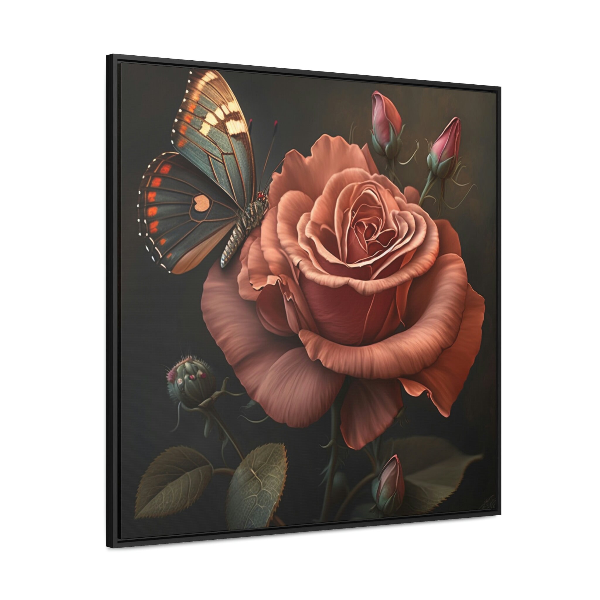 Single Pink Rose With Butterfly Gallery Canvas Wraps, Square Frame Home ...