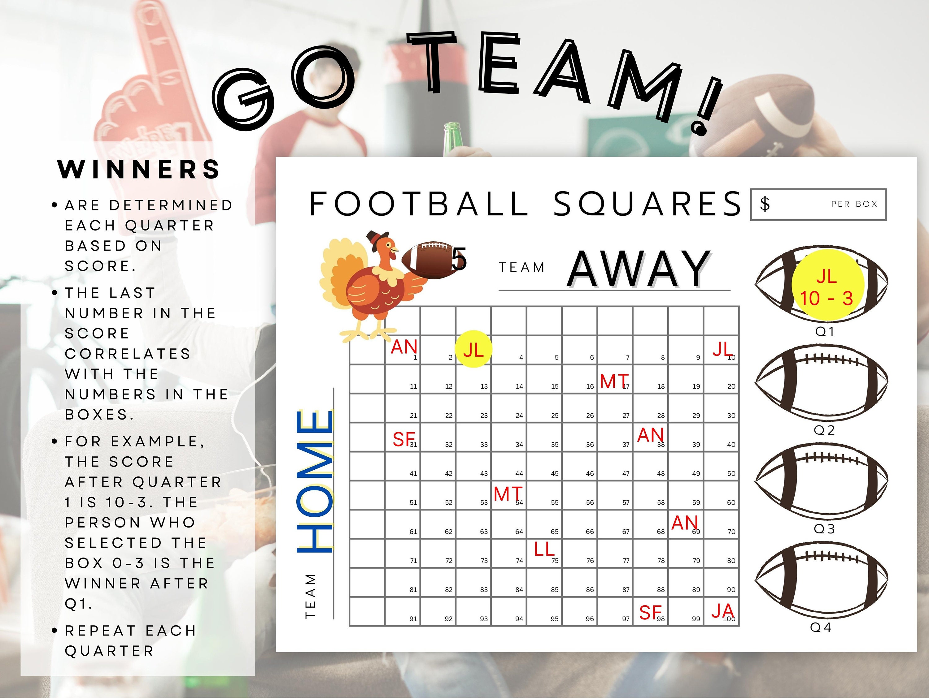 Thanksgiving Day Football Squares Betting Printable, 100 Squares Pool ...