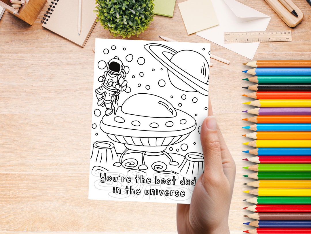 Father's Day Coloring Card Printable, Best Dad in the Universe, Space ...