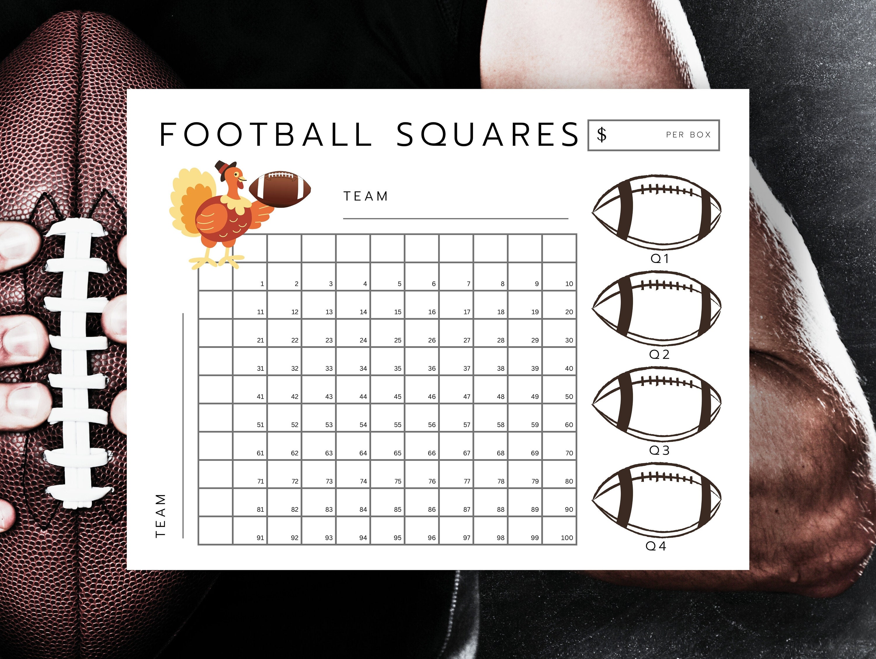 Thanksgiving Day Football Squares Betting Printable, 100 Squares Pool ...