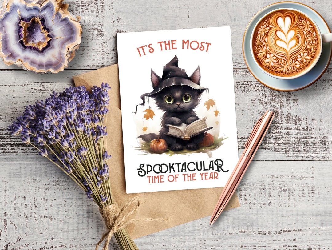 Black Cat Halloween Card Printable, Spooktackular Time of Year, Autumn ...