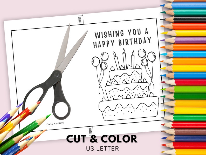 Birthday Coloring Card for Kids Printable, Digital Birthday Cake ...