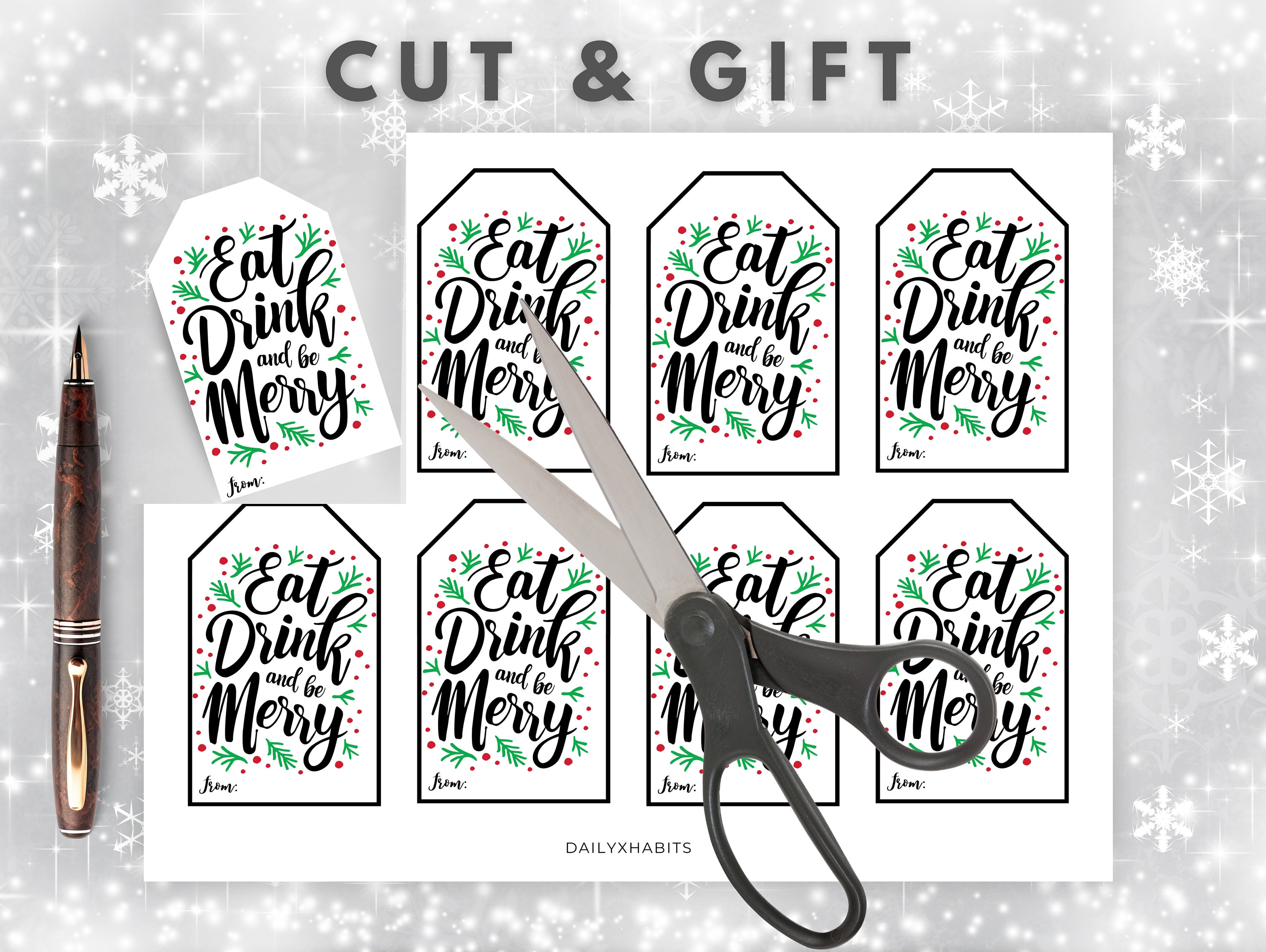 Eat Drink and Be Merry Tag Printable, Wine Bottle Gift Tag, Foodie ...